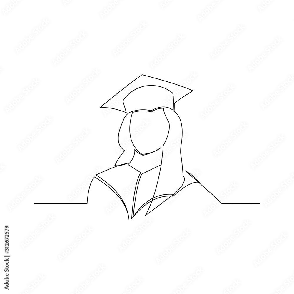 continuous line drawing of graduation woman wear toga hat vector ...