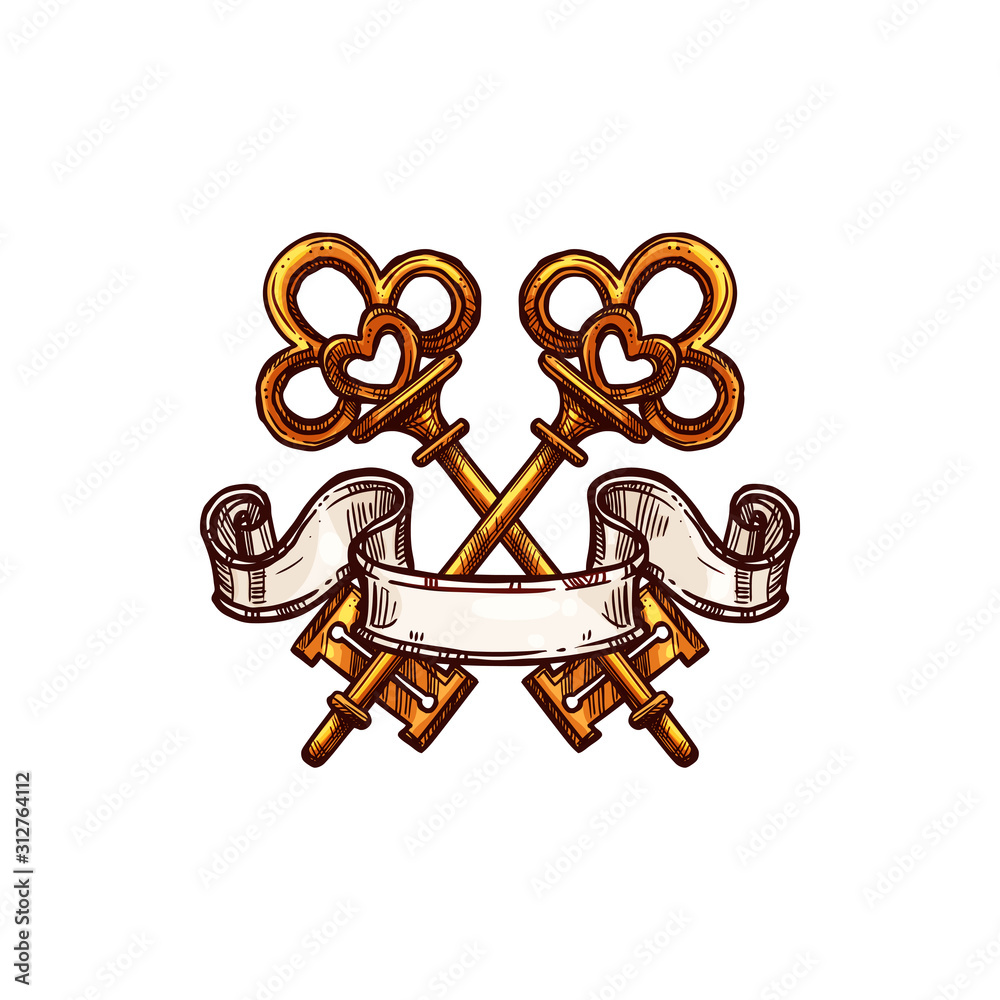 Vintage golden key with paper scroll isolated sketch. Vector heraldic ...
