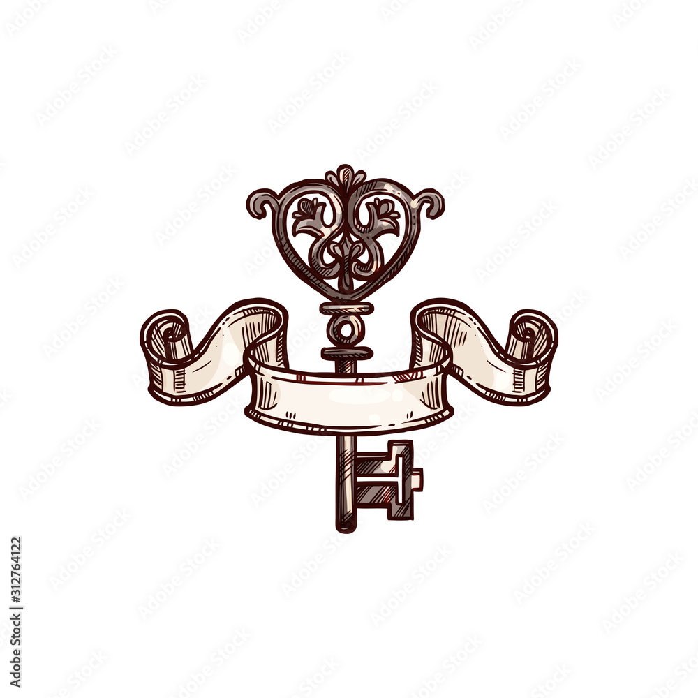 Vintage golden key with paper scroll isolated sketch. Vector heraldic ...