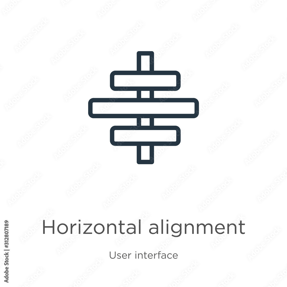 Horizontal alignment icon. Thin linear horizontal alignment outline icon isolated on white ...