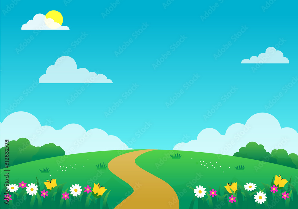 Beautiful nature landscape cartoon illustration with flowers, green ...