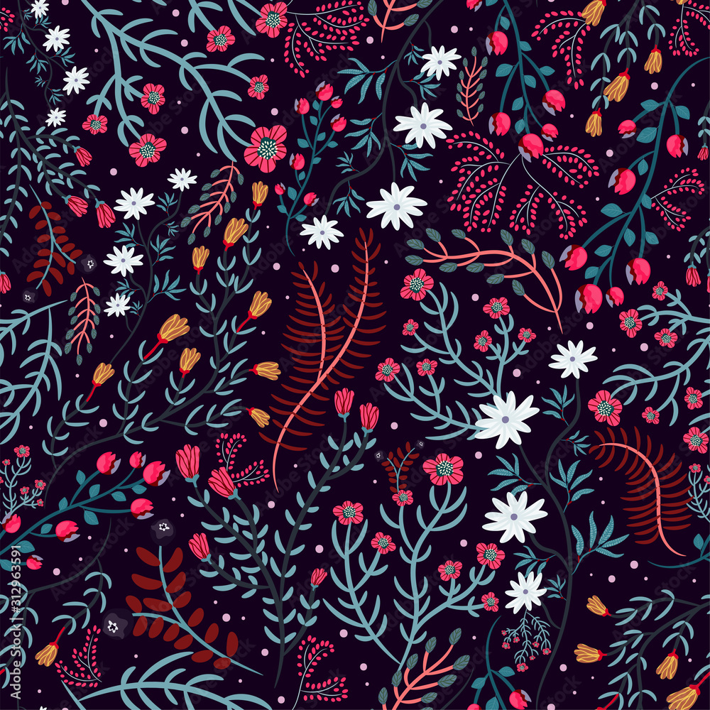 Beautiful floral print with various forest plants, flowers, berries on ...