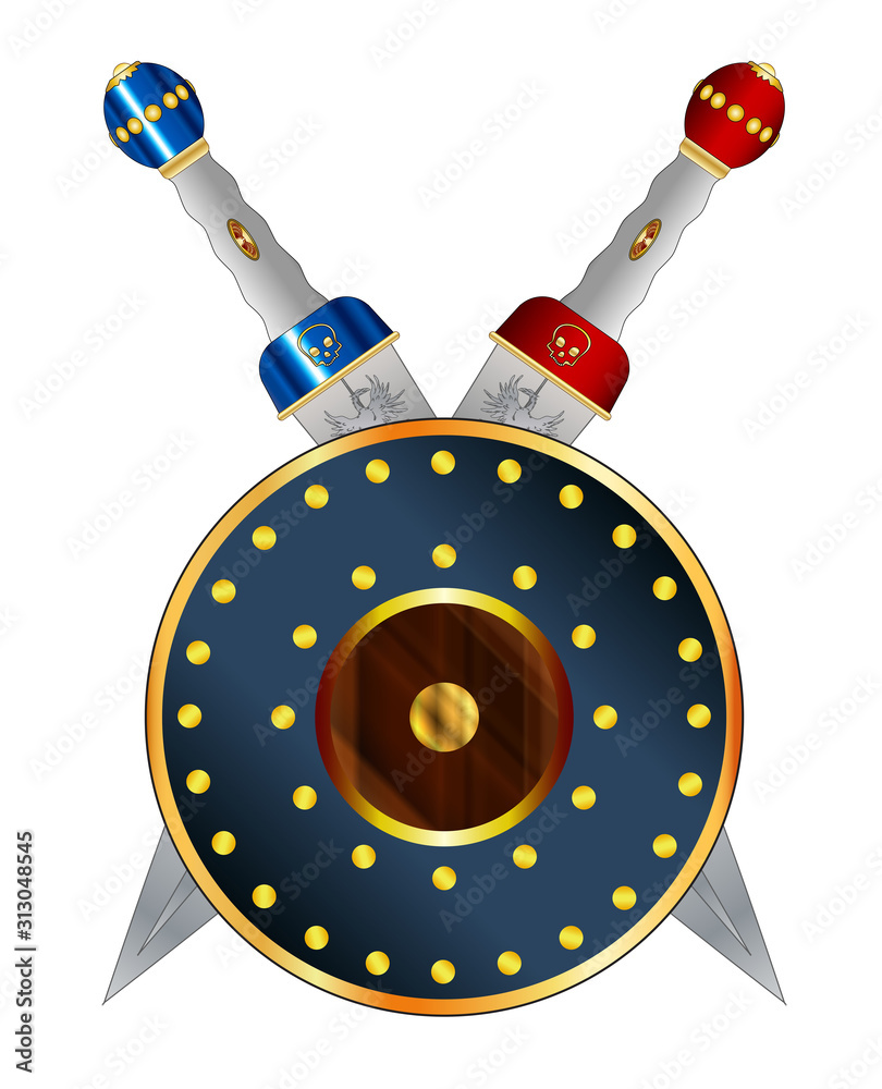 Gladiator Swords Crossed Over A Round Shield Stock Vector | Adobe Stock