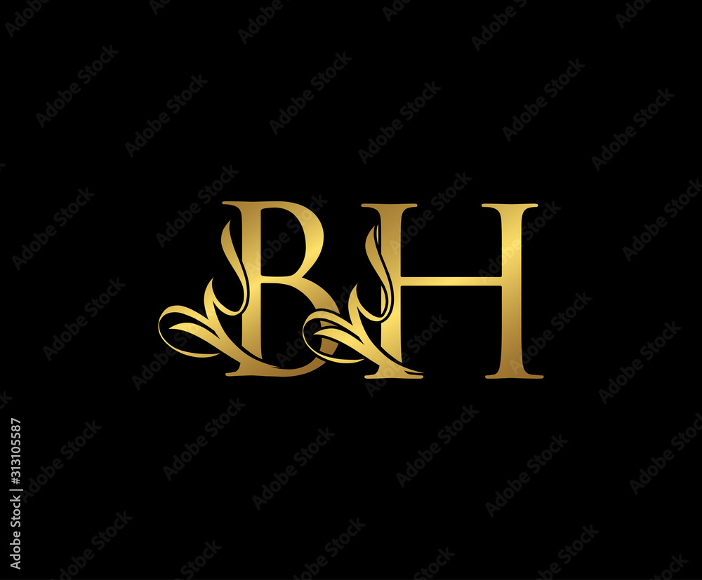 Classy letter B , H and BH Vintage Gold Floral Logo Icon, overlapping ...