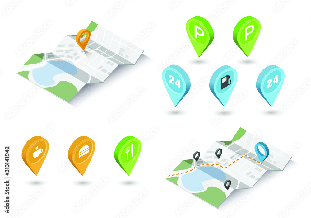 Vector isometric illustration of map with geo tag pin icons. Travel ...