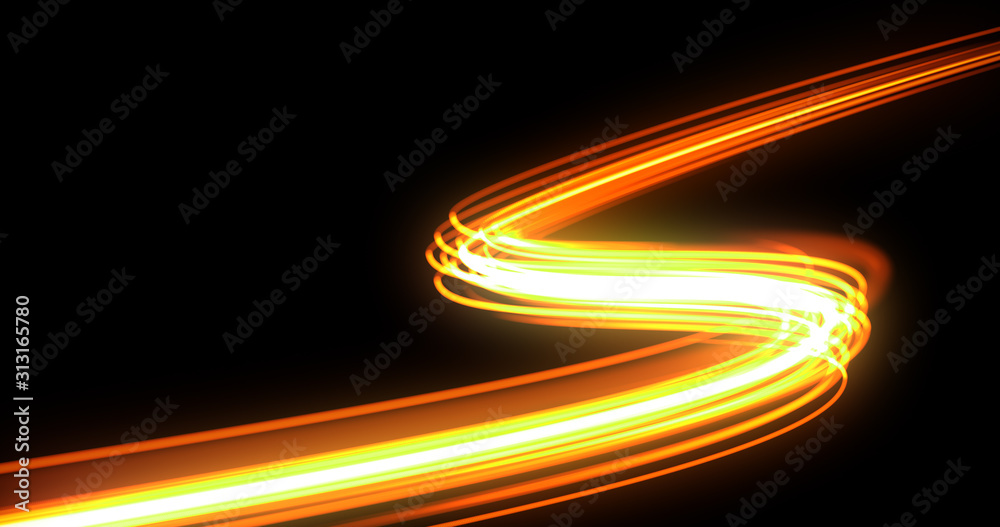 Bright light trail, orange neon glowing wave trace, energy flash and ...