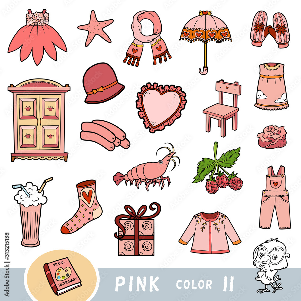 Colorful set of pink color objects. Visual dictionary for children ...