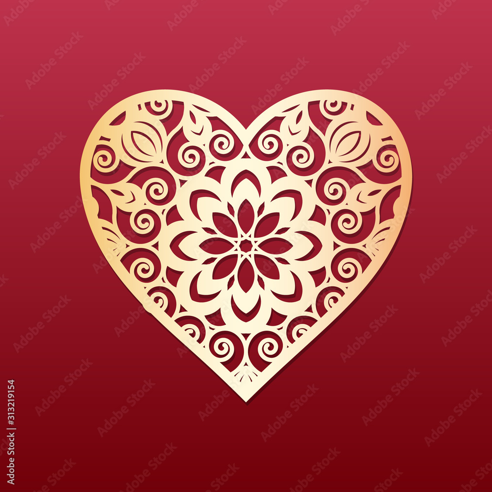 Laser cut heart with swirls pattern. Template for cutting, interior ...