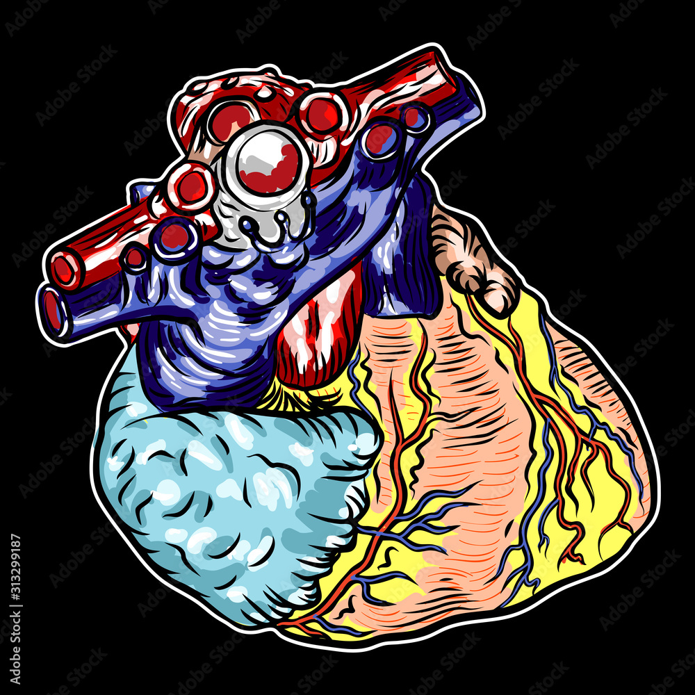 Realistic human heart. Vintage style hand drawing. Cartoonish flash ...