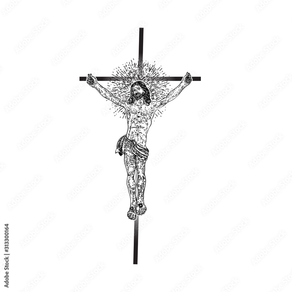 Jesus Christ on the cross with Rays of halo light and beams, symbol of ...