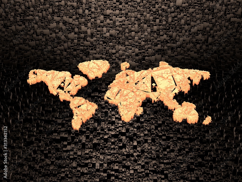 World map composed of cube array, data storage and network data ...