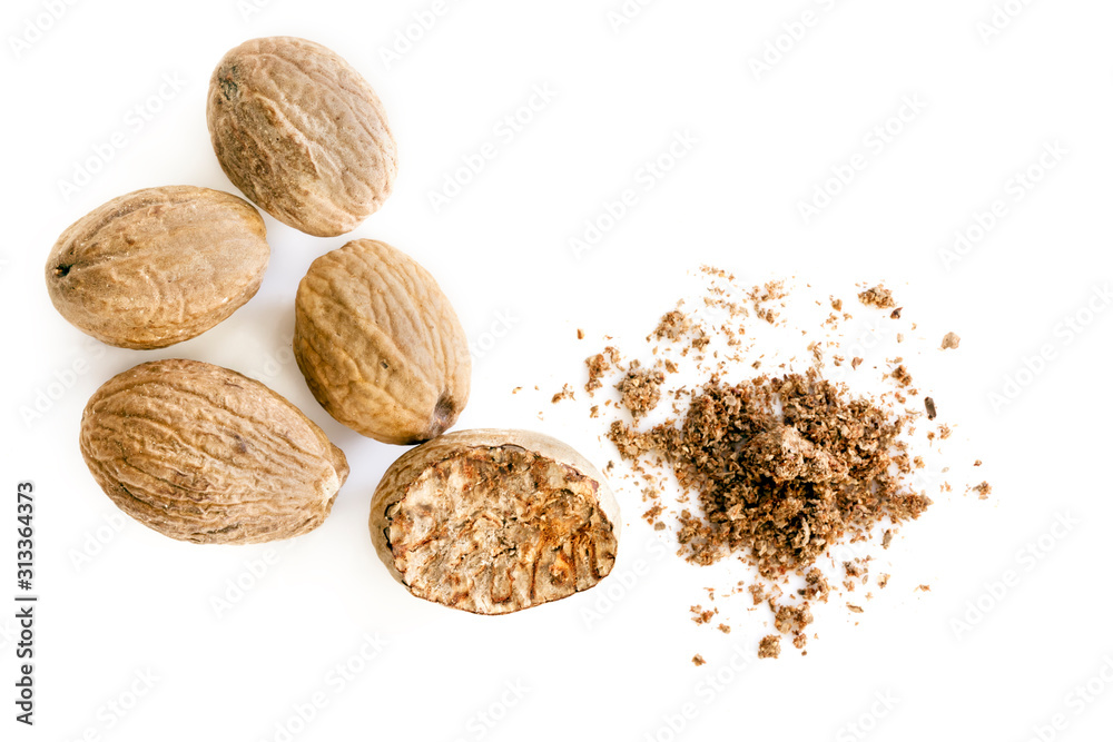 Nutmeg Whole and Ground Top View Isolated Stock Photo | Adobe Stock