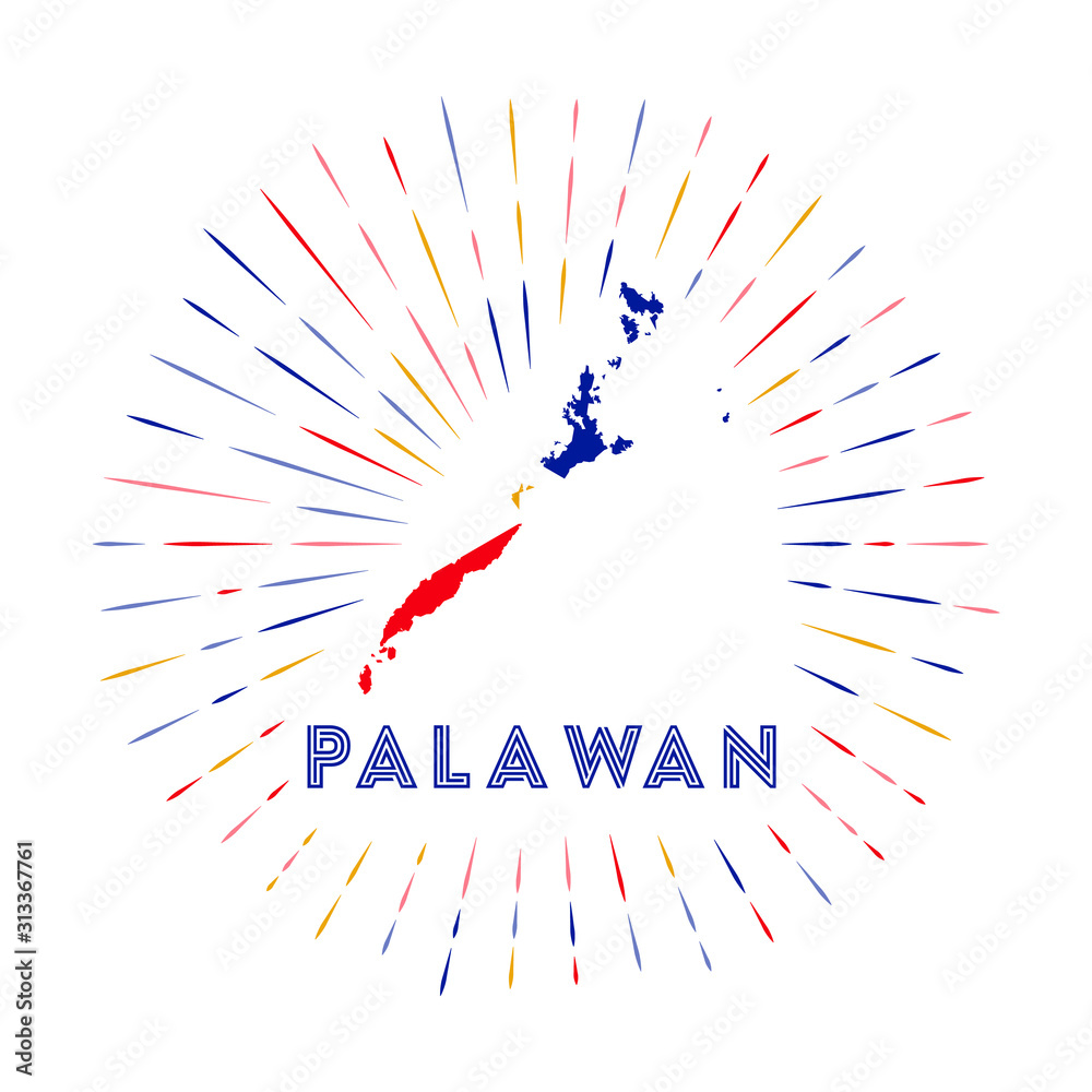 Palawan sunburst badge. The island sign with map of Palawan with ...