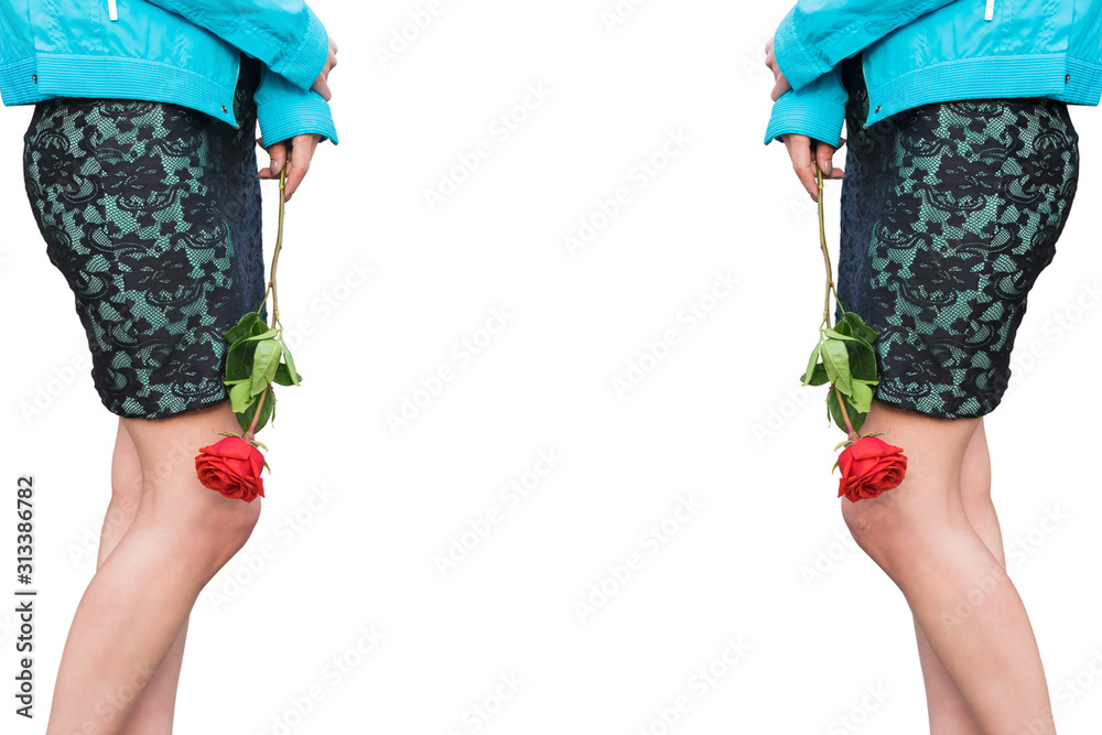 symmetrical, mirrored view of the waist and legs of a beautiful girl in ...