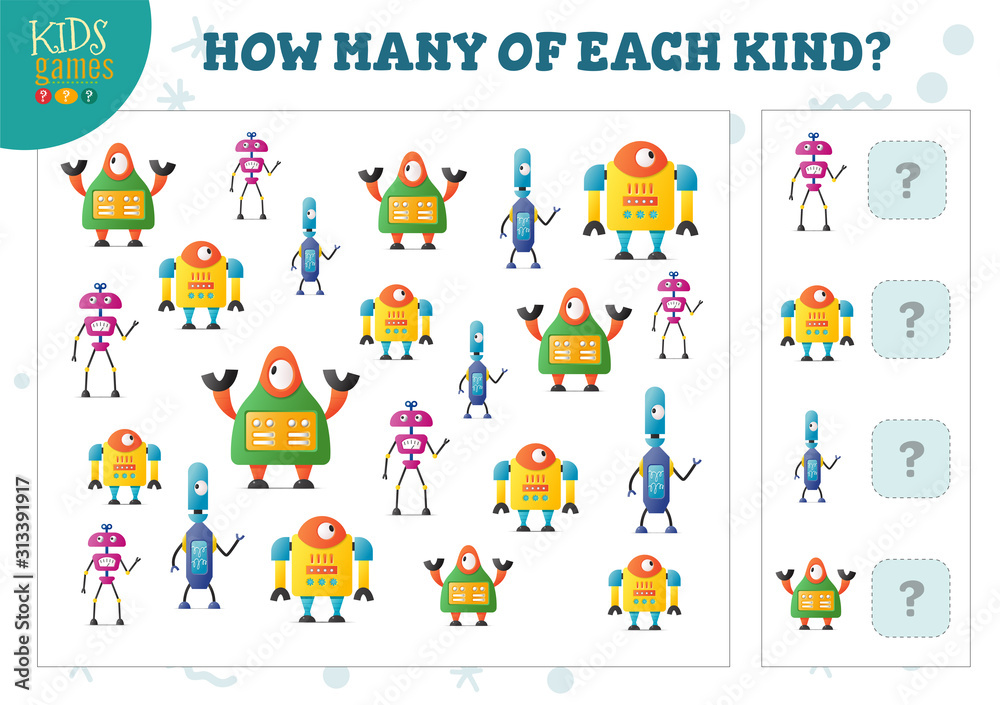 How many of each kind cartoon robot kids counting game vector ...