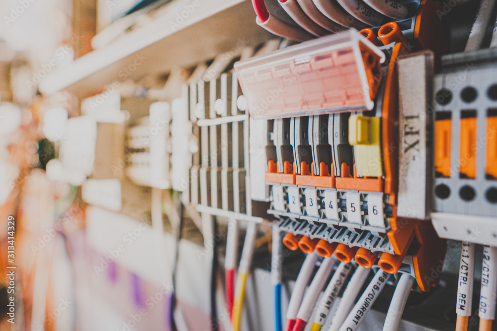 Compact terminal of 3 phase current transformer circuit with blue, red ...