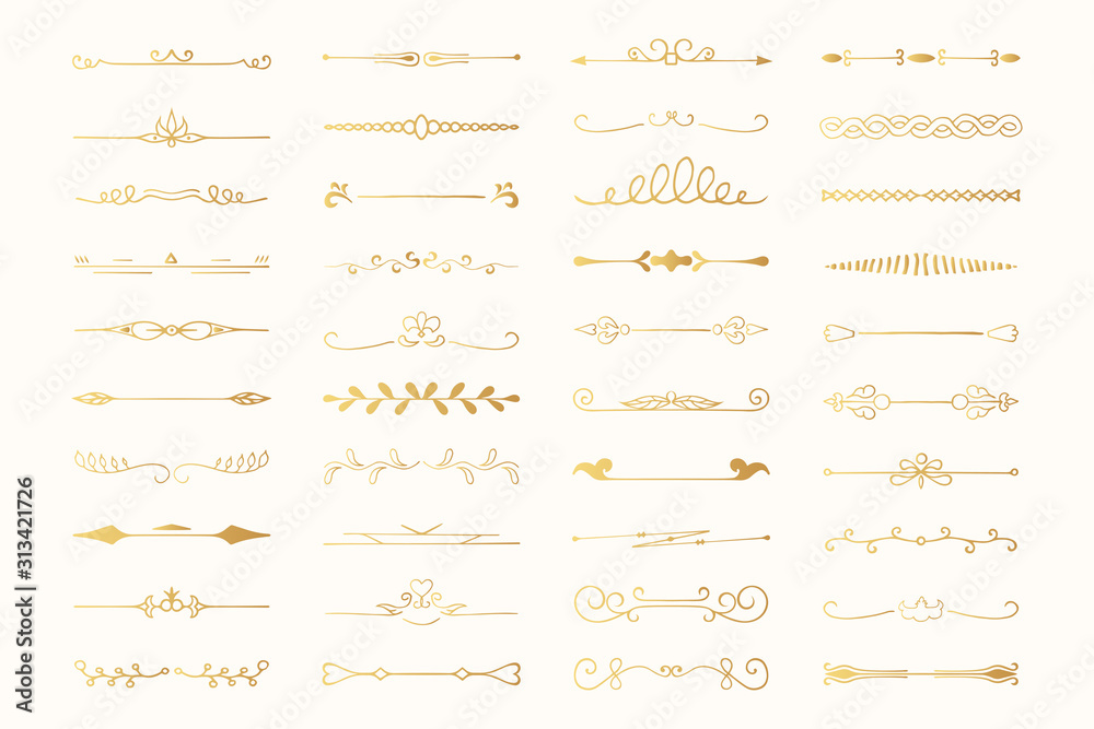 Collection of hand drawn golden text dividers. Calligraphic lines ...