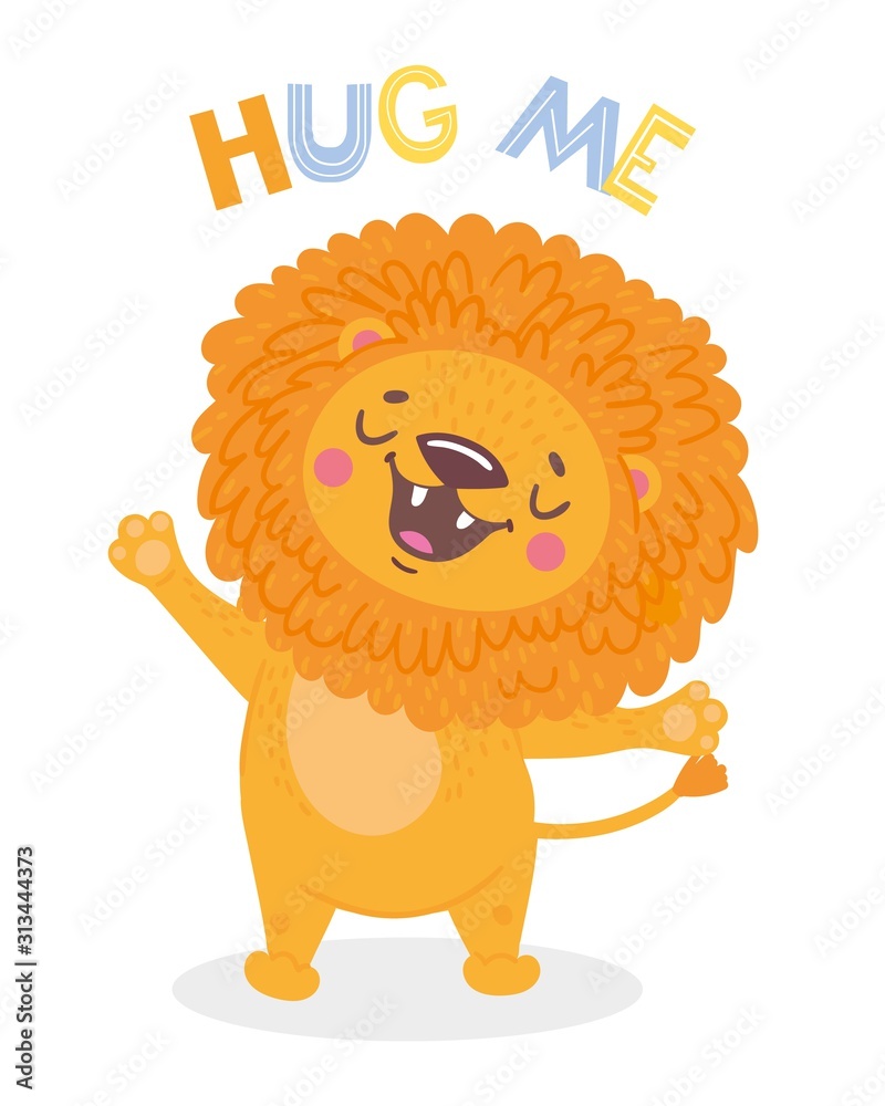 Cartoon cute lion. Hug me. Isolated objects. Vector illustration. Kids ...