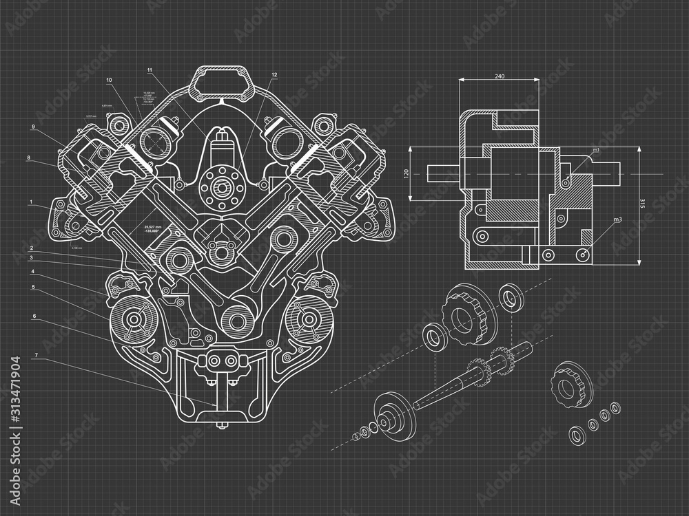 Technical blue background with drawings of details and mechanisms ...