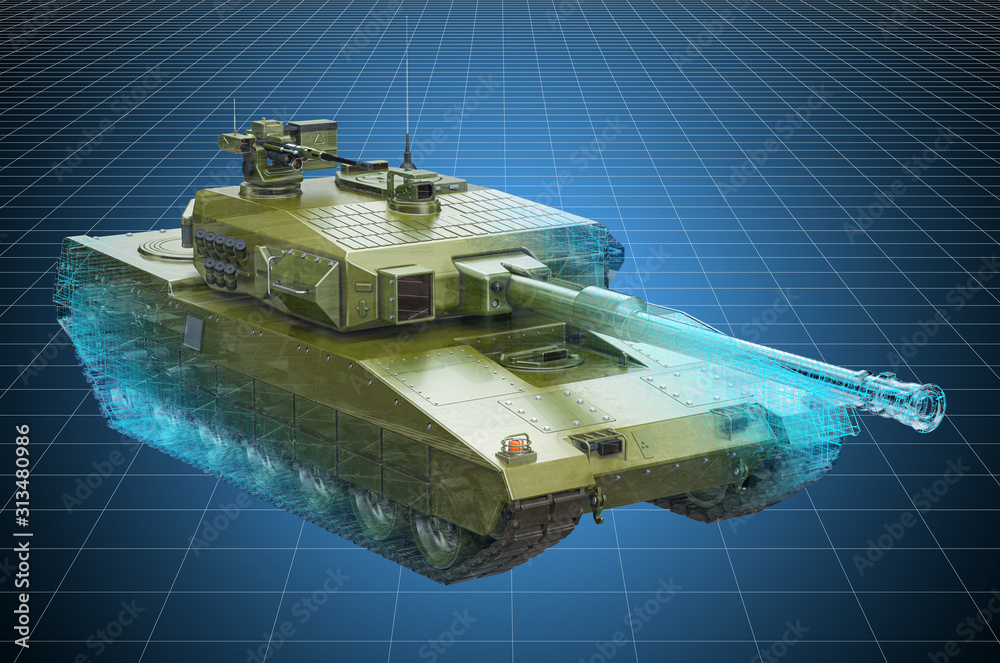 Visualization 3d cad model of battle tank, military engineering concept ...