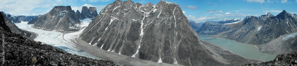 Panorama photo, Summit lake on right and Mount Asgard on the left ...