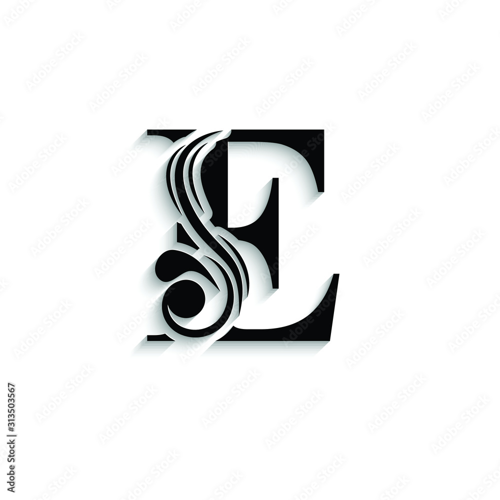 letter E. Black flower alphabet. Beautiful capital letters with shadow ...