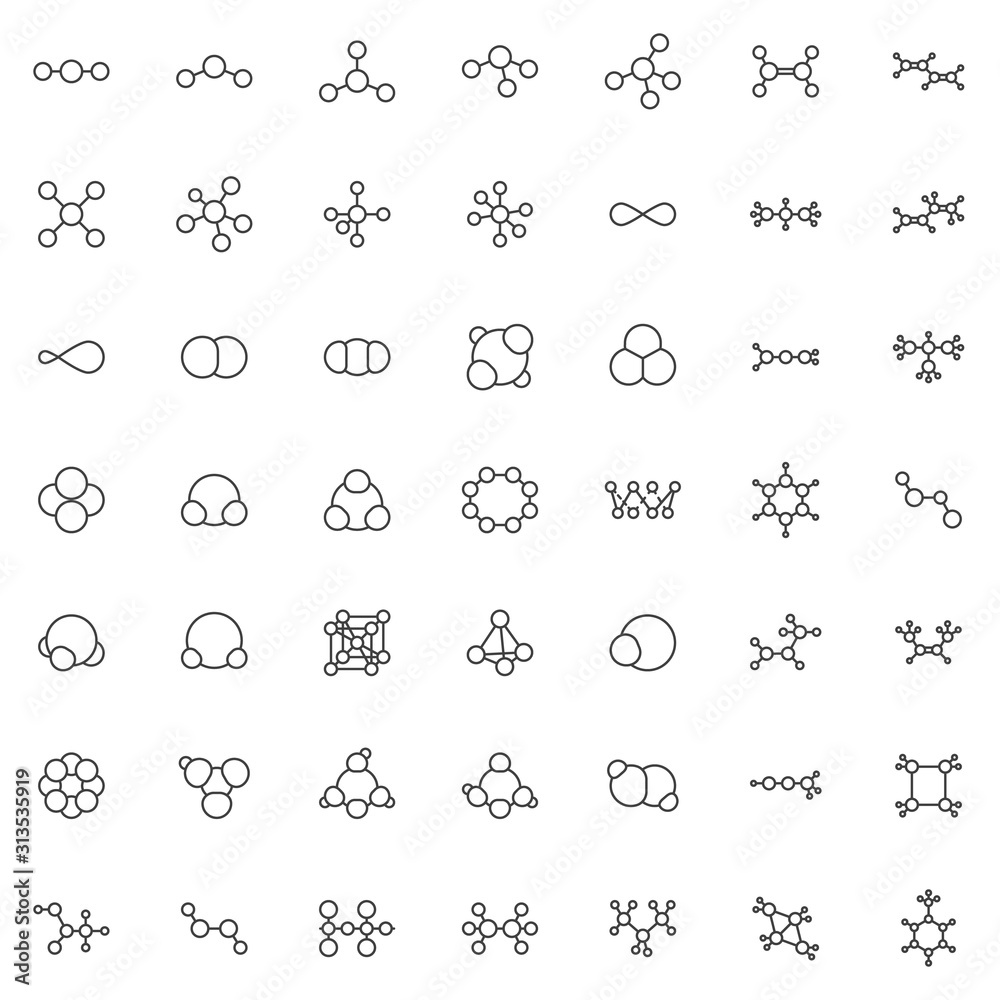 Molecular structure line icons set. Molecular geometry linear style ...