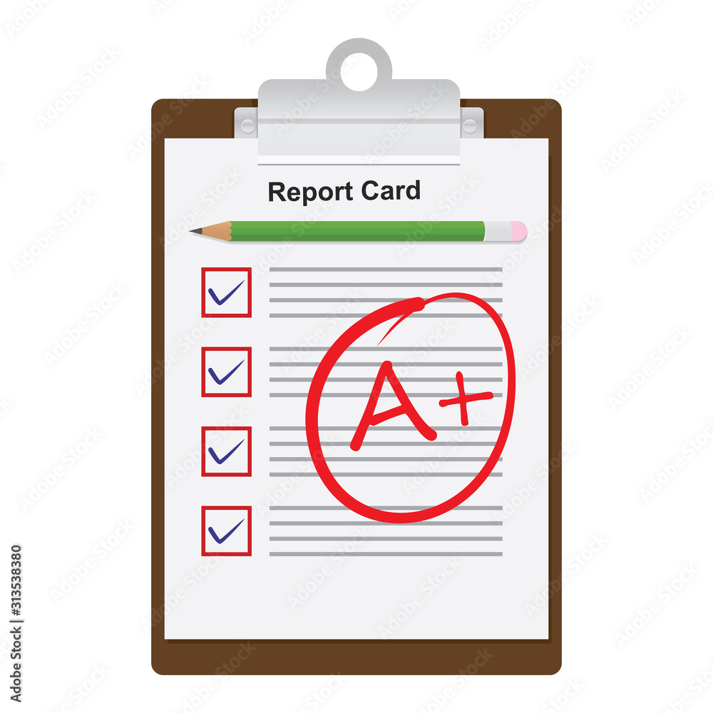 school report card with A plus grades, flat design vector illustration ...