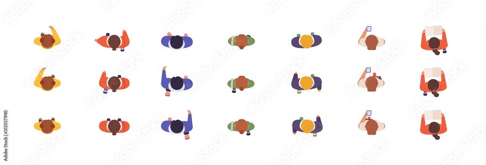 People models top view flat vector illustrations set. Animation poses ...