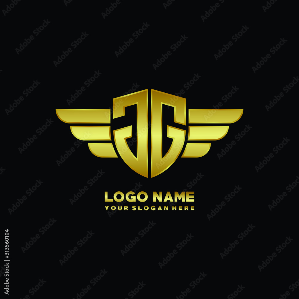 initial letter JG shield logo with wing vector illustration, gold color ...