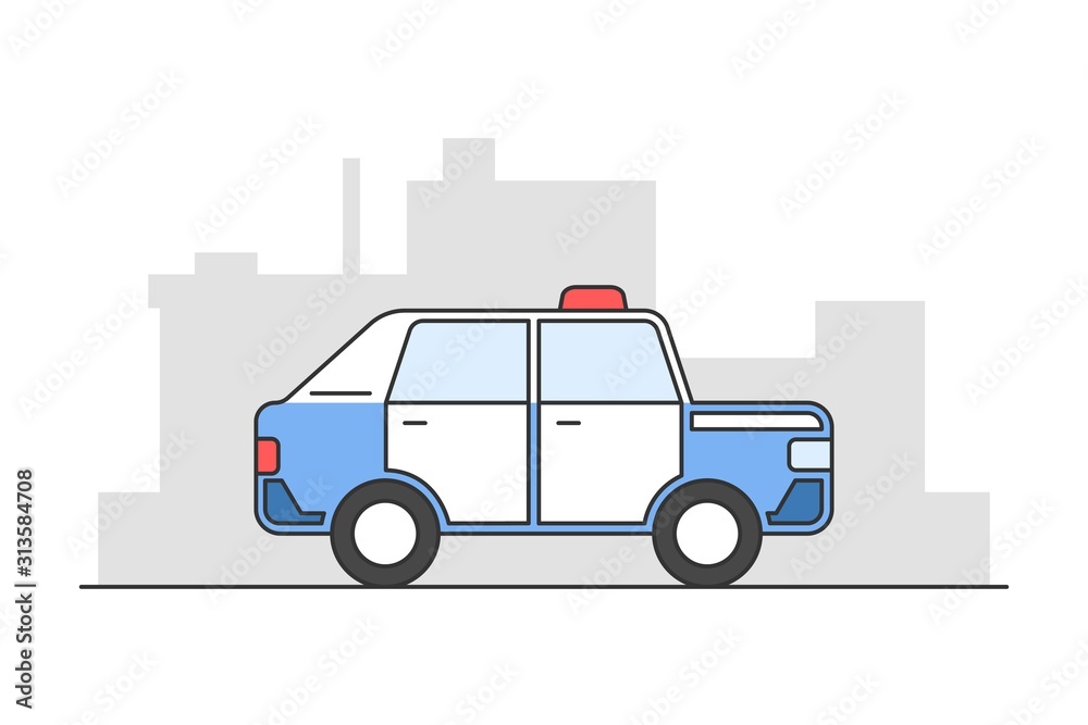 Flat style police car with city landscape behind isolated on white ...