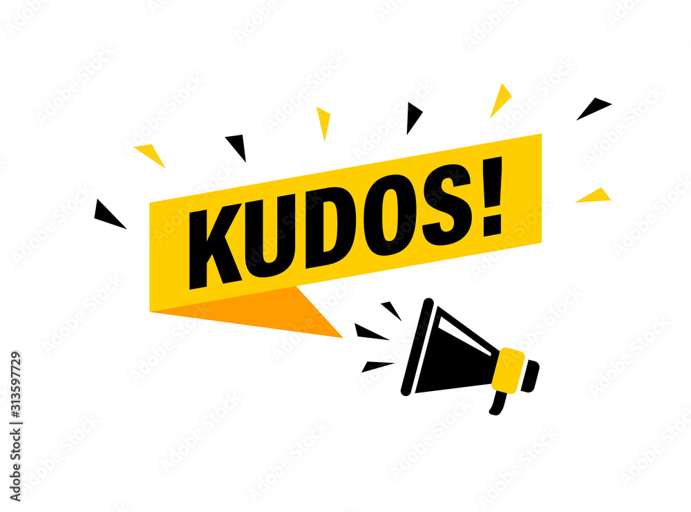 Male hand holding megaphone with Kudos speech bubble. Loudspeaker ...