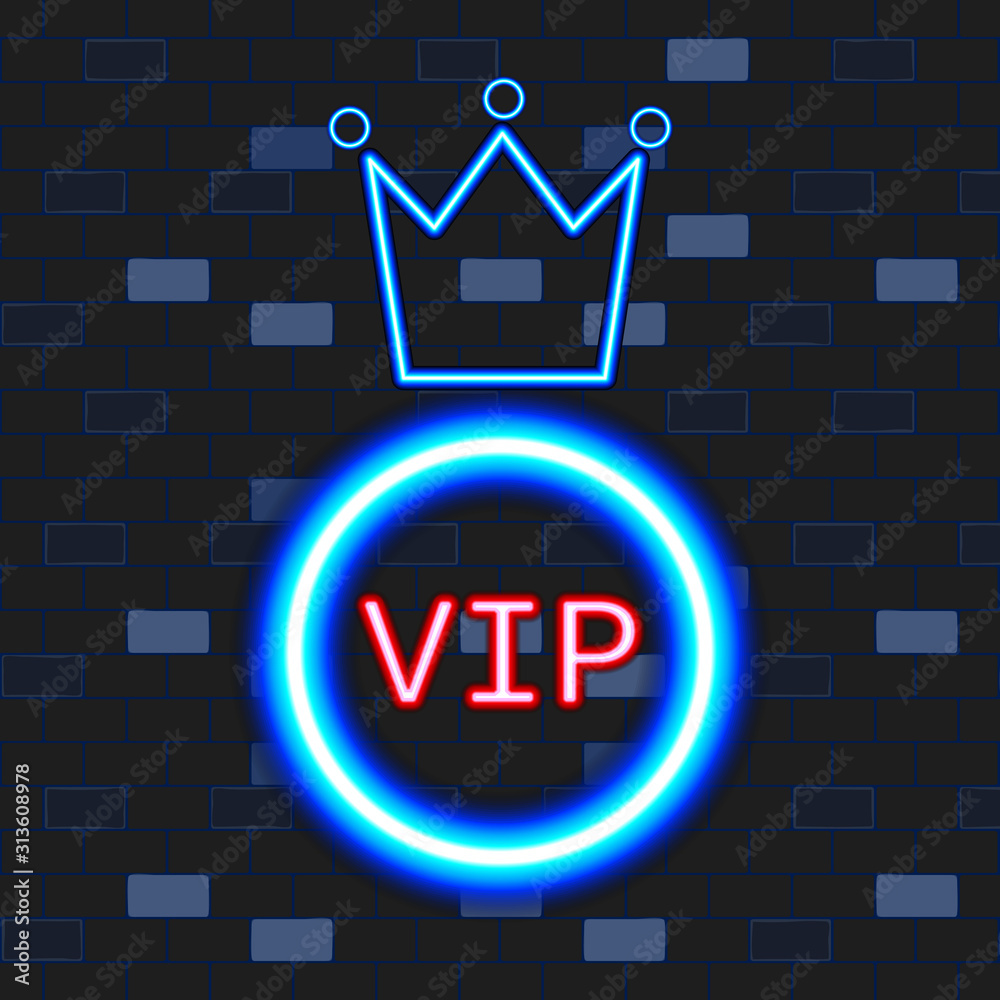 Vip neon icons concept. Glowinng VIP neon sign in circle with crown ...