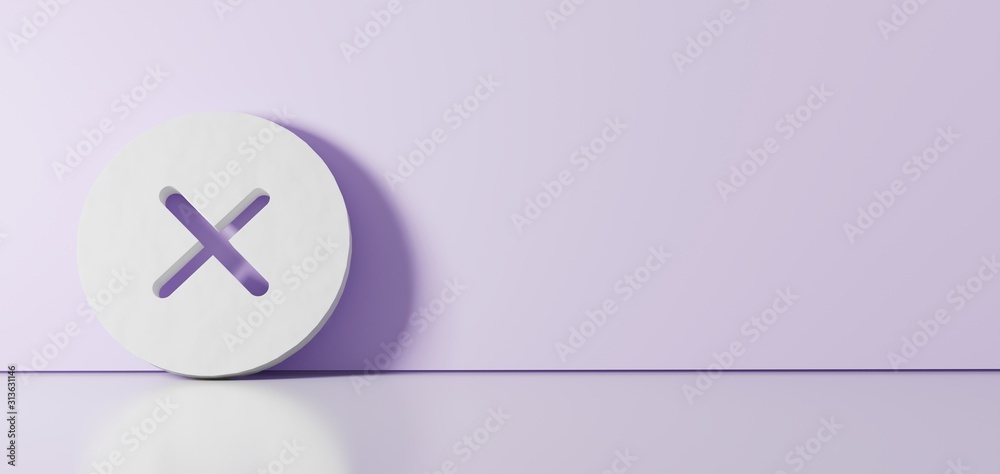 3D rendering of white symbol of error icon leaning on color wall with ...
