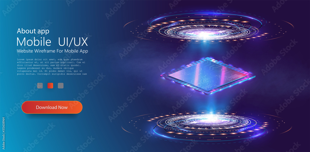 Futuristic microchip processor with lights on the blue background. Quantum computer, large data ...