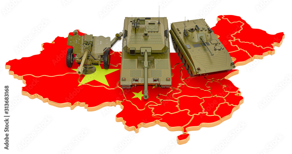 Combat vehicles on Chinese map. Military defence of China concept, 3D ...
