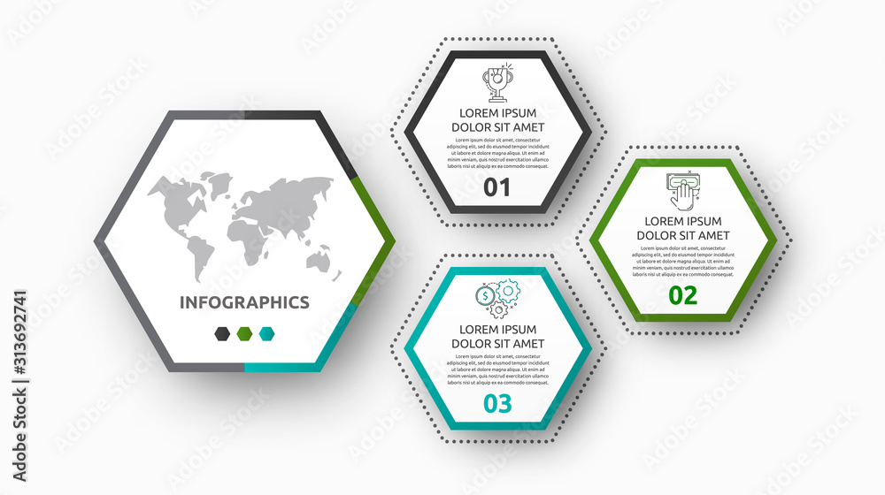 Vector infographic with main hexagon and 3 small hexagons. Used for ...
