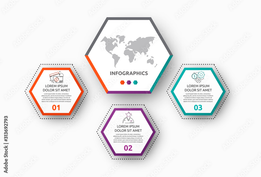 Vector infographic with main hexagon and 3 small hexagons. Used for ...