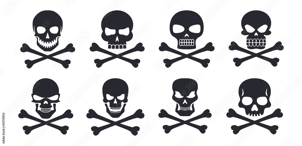Different human skull symbols with crossbones vector illustration icons ...
