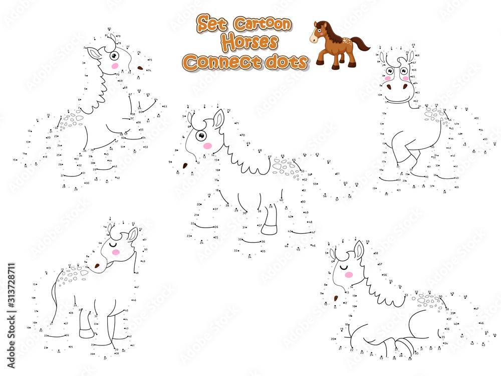 Connect The Dots and Draw Cute Horses Cartoon Set. Educational Game for ...