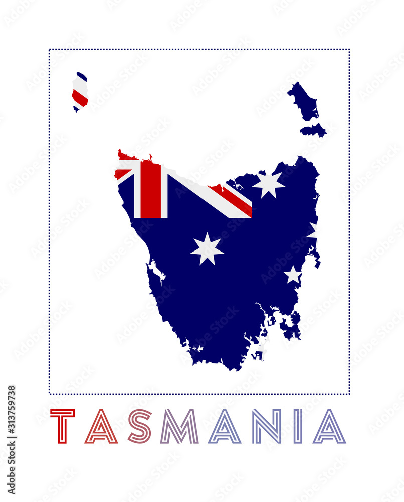 Tasmania Logo. Map of Tasmania with island name and flag. Radiant ...