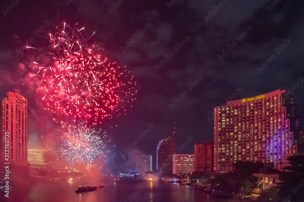Celebration of New year day with colorful fireworks on Chao Phraya ...
