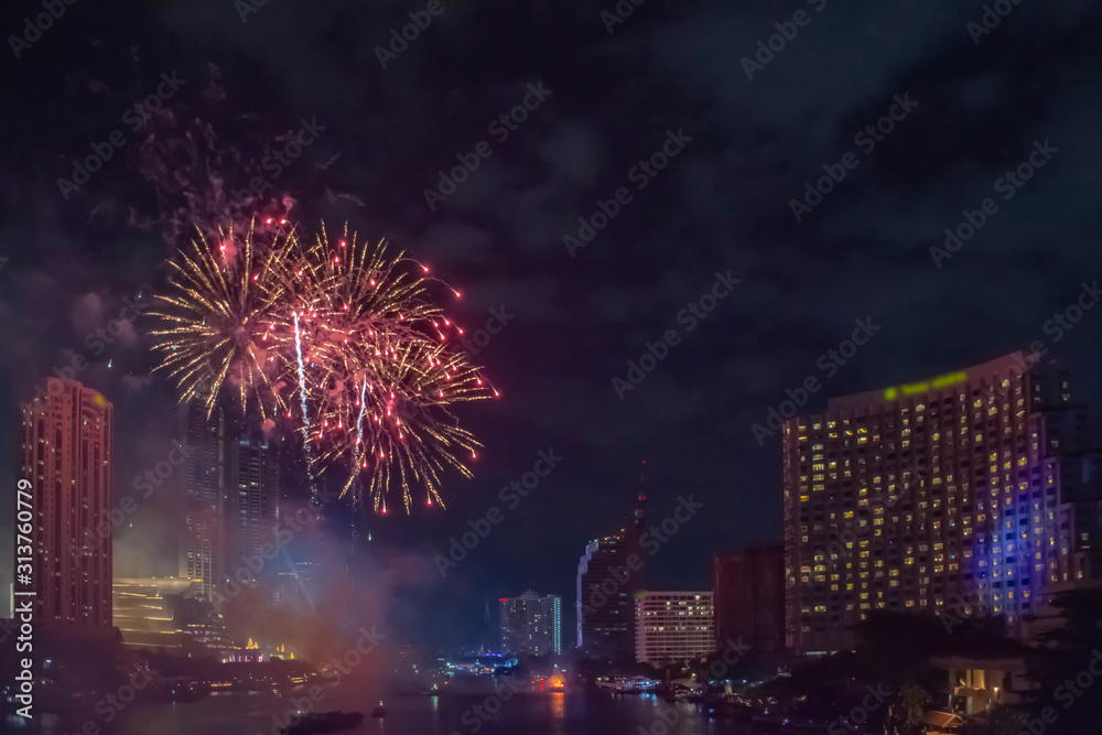 Celebration of New year day with colorful fireworks on Chao Phraya ...