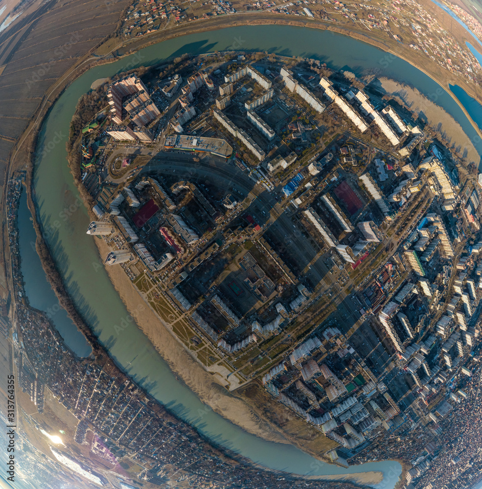 The outflow of the Kuban River, shallowed in winter. Rice fields and ...