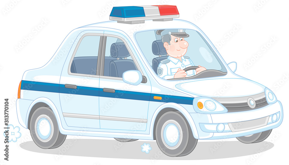Police car with a traffic policeman on-duty during patrol, vector ...