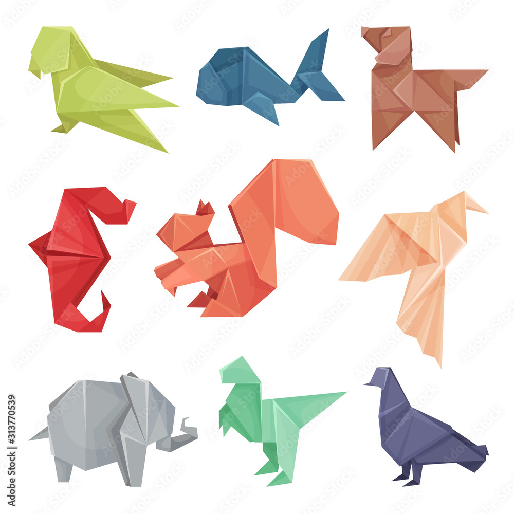 Origami Animals Vector Set. Colorful Art of Paper Folding Stock Vector ...