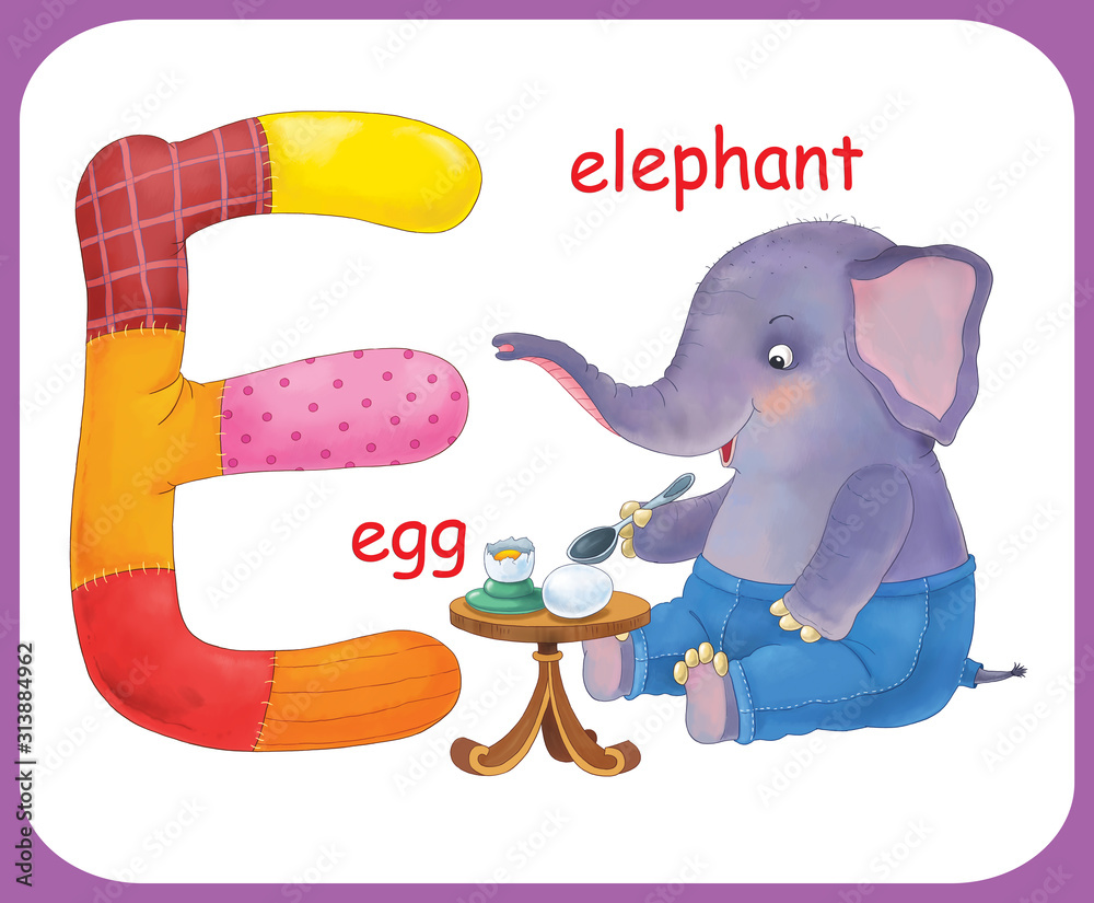 English alphabet. ABC. Capital letter E. Elephant, egg. Coloring book ...