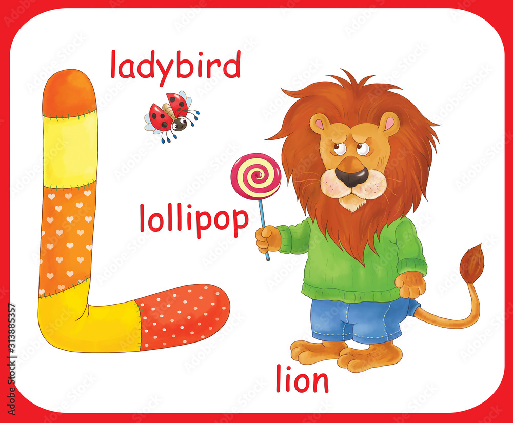 English alphabet. ABC. Capital letter L. Lion, lollipop, ladybird ...