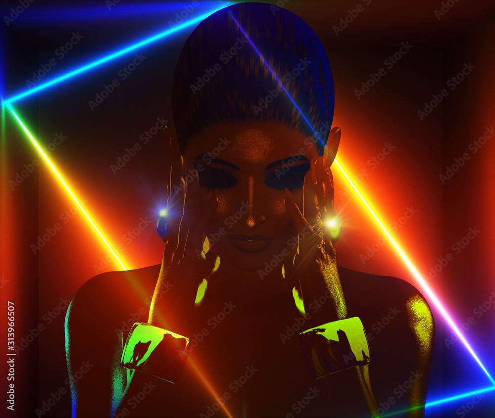 Disco Dancing Queen. Neon lights and tubes create the background of ...