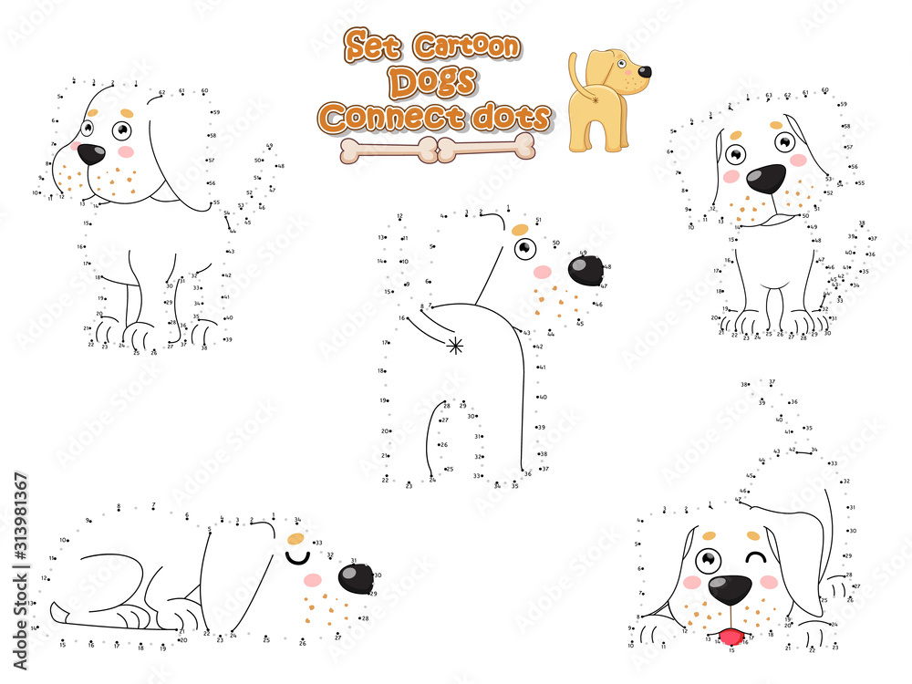 Connect The Dots and Draw Cute Dogs Cartoon Set. Educational Game for ...